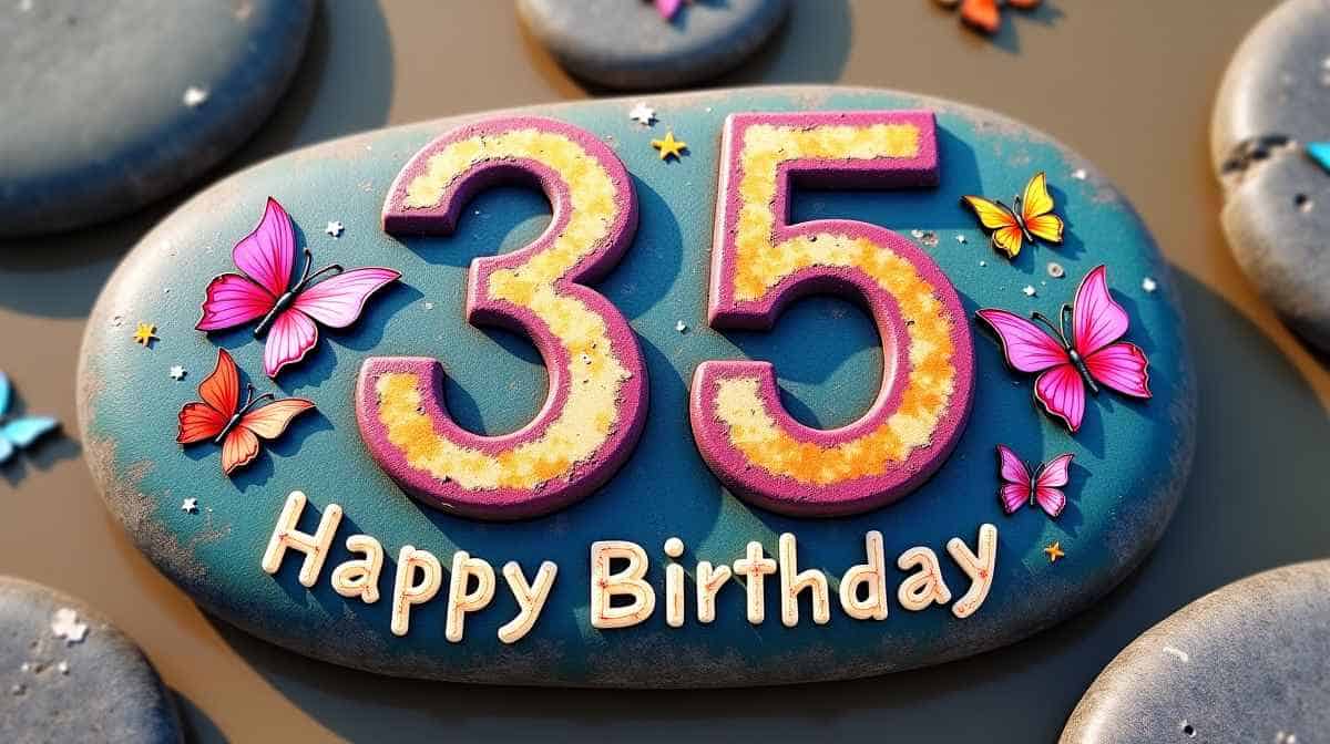 Image of Happy 35th Birthday on stones with butterflies - wish by age