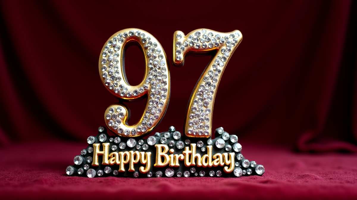 Illustration of Happy 97th Birthday on gold statu - wish by age